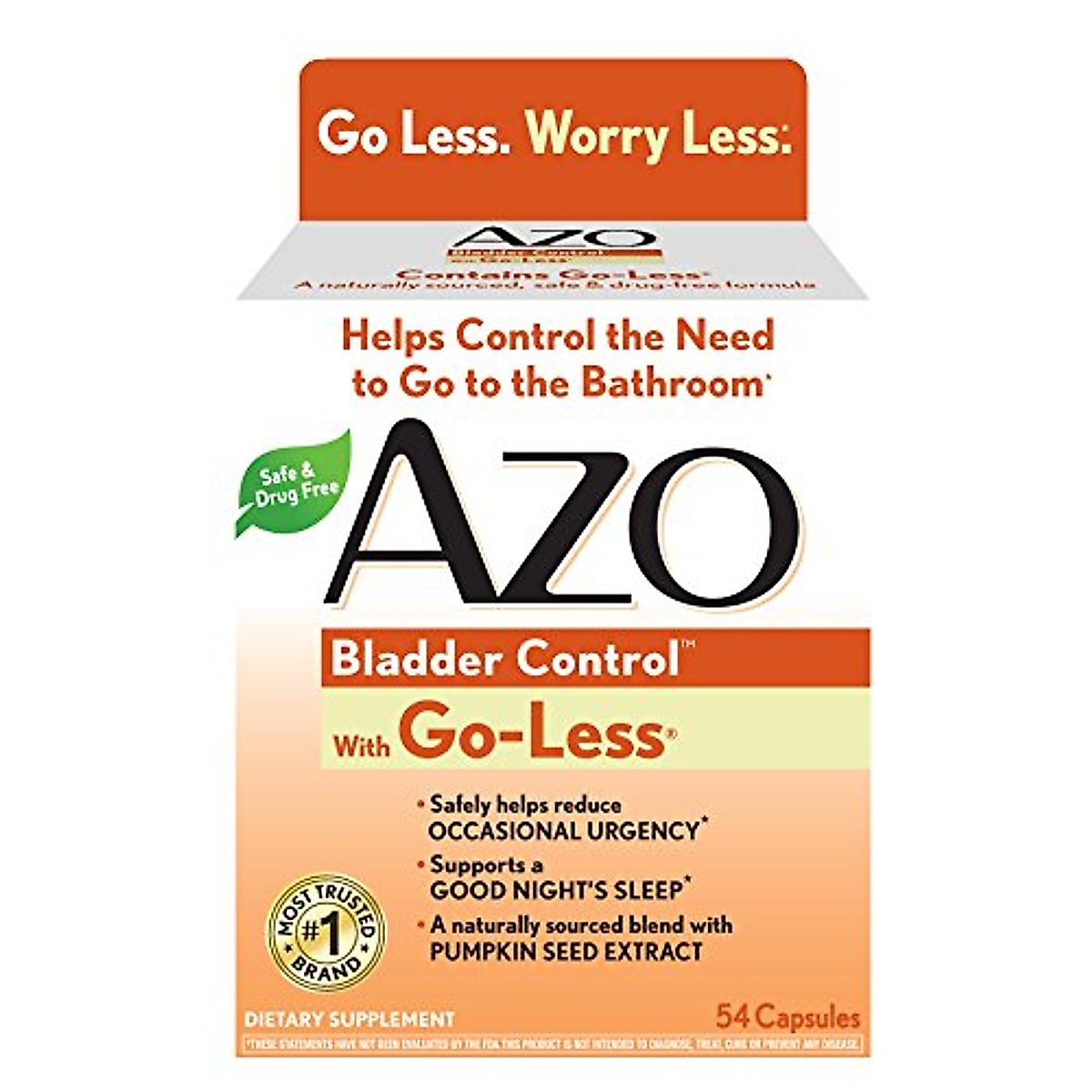 AZO Bladder Control with Go-Less Daily Supplement | Helps Reduce Occasional Urgency* | Helps Reduce Occasional Leakage Due to Laughing, Sneezing and Exercise††† | 54 Capsules