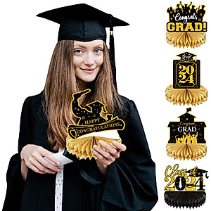2024 Graduation Party Decorations - Black Gold Class of 2024 Graduation Party Decor Honeycomb Centerpieces for Tables Congratulate for 2024 Congrats Grad Party Supplies 8 Pcs