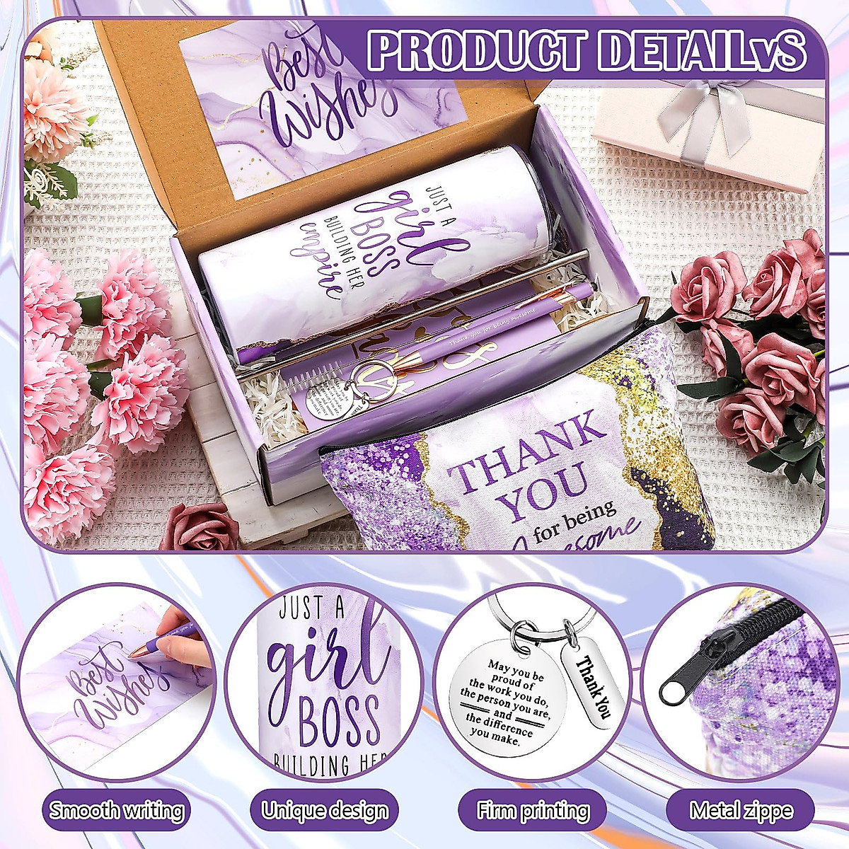Funnymoom 7 Pcs Boss Gifts for Women Thank You Gifts Set Appreciation Gifts Stainless Tumbler Makeup Bag Birthday Marble Gift for Female Leader Mother Coworker Teacher(Light Purple)