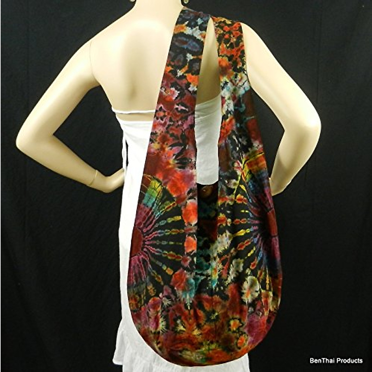 BTP! Tie Dye Sling Crossbody Shoulder Bag Purse Hippie Hobo Cotton Bohemian Colorful Firework, Double Side Firework Red Vk10, Large