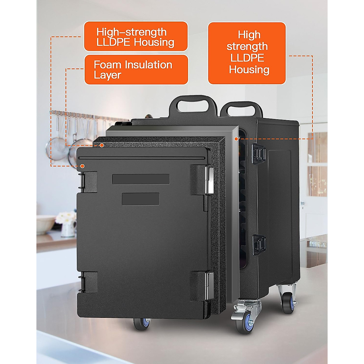 81QT Food Warmer with Wheels,Insulated Food Pan Carrier LLDPE Food Box Carrier Commercial Hot Box Food Warmer for Catering,Front Loading Food Warmer for Restaurant, Canteen, Buffet