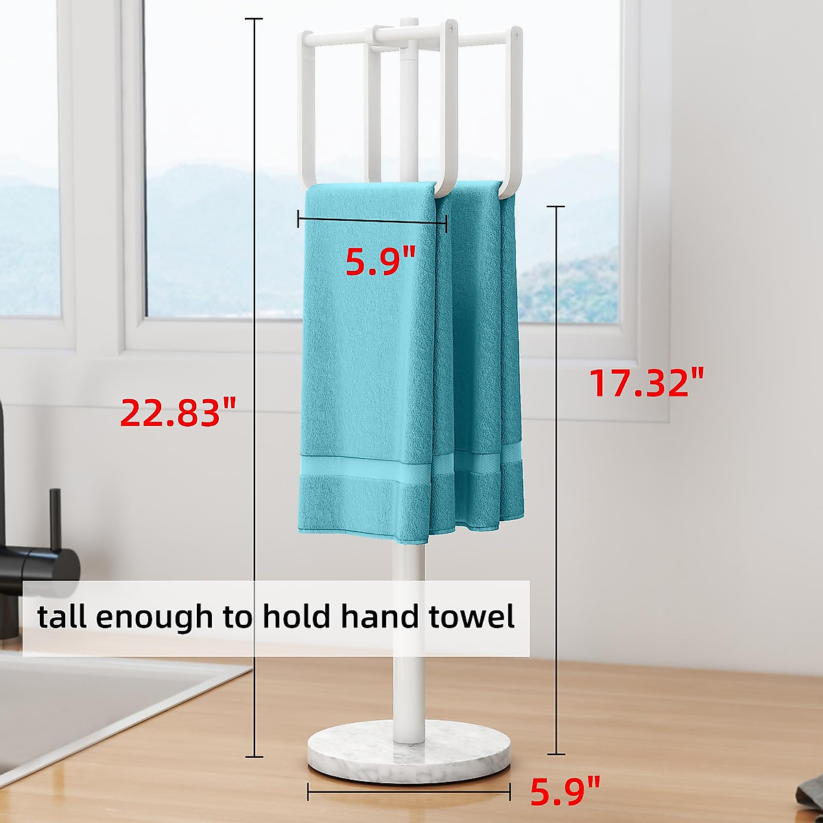 Hand Towel Holder Stand, Countertop Towel Holder Stand 22In High with Marble Base with 2 Hanging Rings for Bathroom Vanity Counter, White
