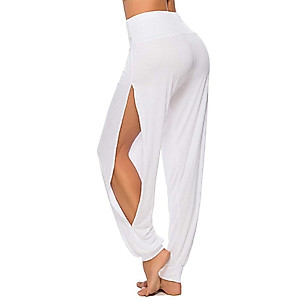 AvaCostume Womens Harem Yoga Pants Side Slit Sport Workout Sweatpants White M