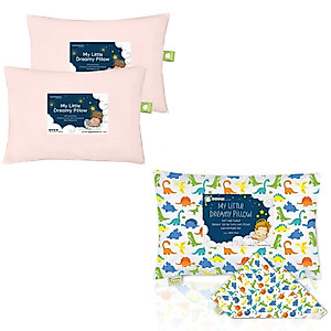 KeaBabies 2-Pack Toddler Pillow and Toddler Pillowcase for 13X18 Pillow Bundle - Organic Toddler Pillow (Misk Pink) and Pillowcase (Happy Dino) for Girl, Boy, Kids