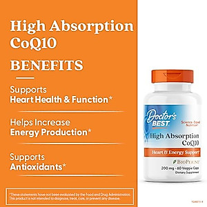 Doctors Best High Absorption CoQ10, Heart & Energy Support*, USP Verified, Naturally Fermented CoQ10, Non-GMO, Gluten Free, Soy Free, Vegan 60 Veggie Caps