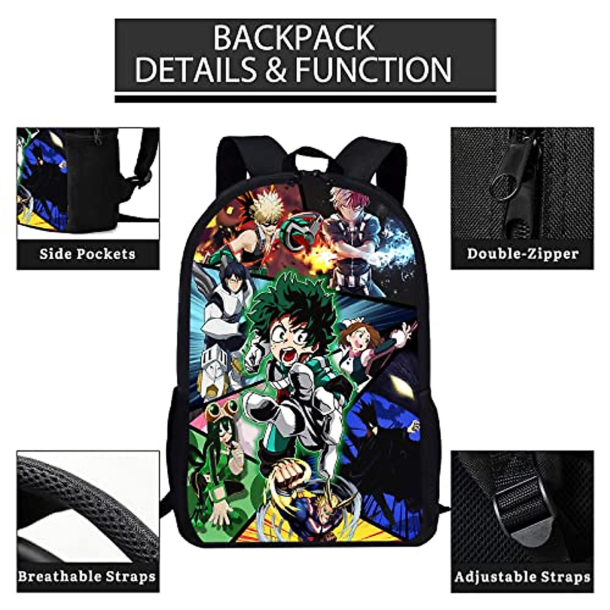 mfiwena Japanese Anime Backpack Set for Boy Girl, Polyester Bookbag set with Lunch Bag Multifunction 3-in-1 Bag for Teen
