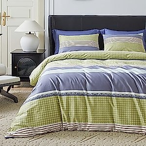 YuHeGuoJi Blue Striped Duvet Cover King 100% Egyptian Cotton Green Geometric Duvet Cover 3 Pcs Set 1 White Striped Duvet Cover with Zipper Ties 2 Pillowcases Modern Neutral Brown Gingham Bedding