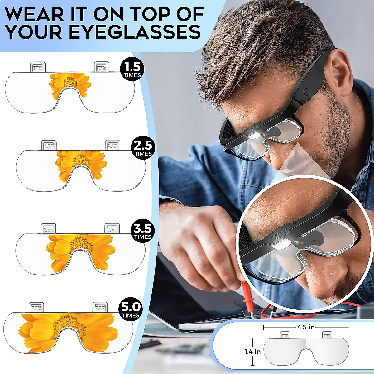 Dilzekui Magnifying Glass with Light 1.5X to 5.0X, Rechargeable Magnifying Glasses Head Magnifier, Lighted Magnifying Glass with Carry Case, 4 Lenses, Magnifying Headset for Close Work Crafts Jewelry