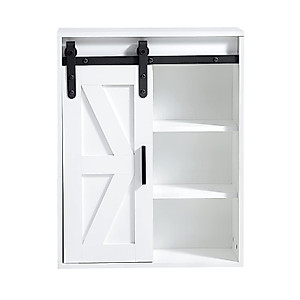 Wood Wall Mounted Storage Cabinet, Farmhouse Medicine Cabiner with Sliding Barn Door and Adjustable Shellf, 5-Tier Wall Storage Cabinet for Bathroom, Kitchen, Living Room (White)