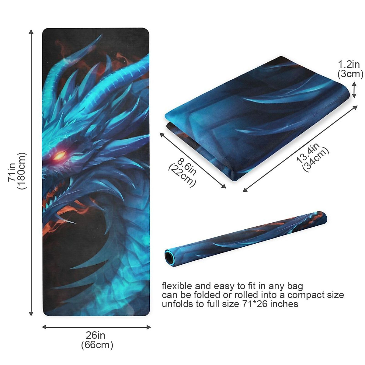 GOODOLD Blue Dragon Yoga Mat, 71 x 26 Inch Non-slip Yoga Mats Folding Travel Exercise Mat Indoor Outdoor Gym Pilates with Storage Bag for Women Men
