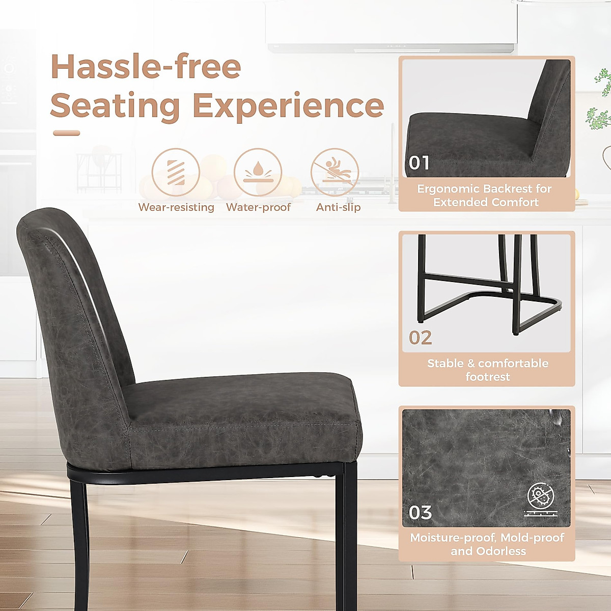 MAISON ARTS Counter Height 24 Inch Bar Stools with Back Set of 4 for Kitchen Counter Modern Upholstered Faux Leather Barstools Farmhouse Bar Chairs Island Stools Support 330LBS, Easy to Assemble, Grey