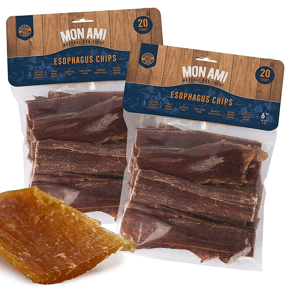 Mon Ami Beef Esophagus Dog Treats (6 inch, 40 Count) –Gullet Treats for Dogs Made from Grass Fed Beef with Glucosamine & Chondroitin – Natural Dog Treats, Grain Free & High Protein Dog Chews