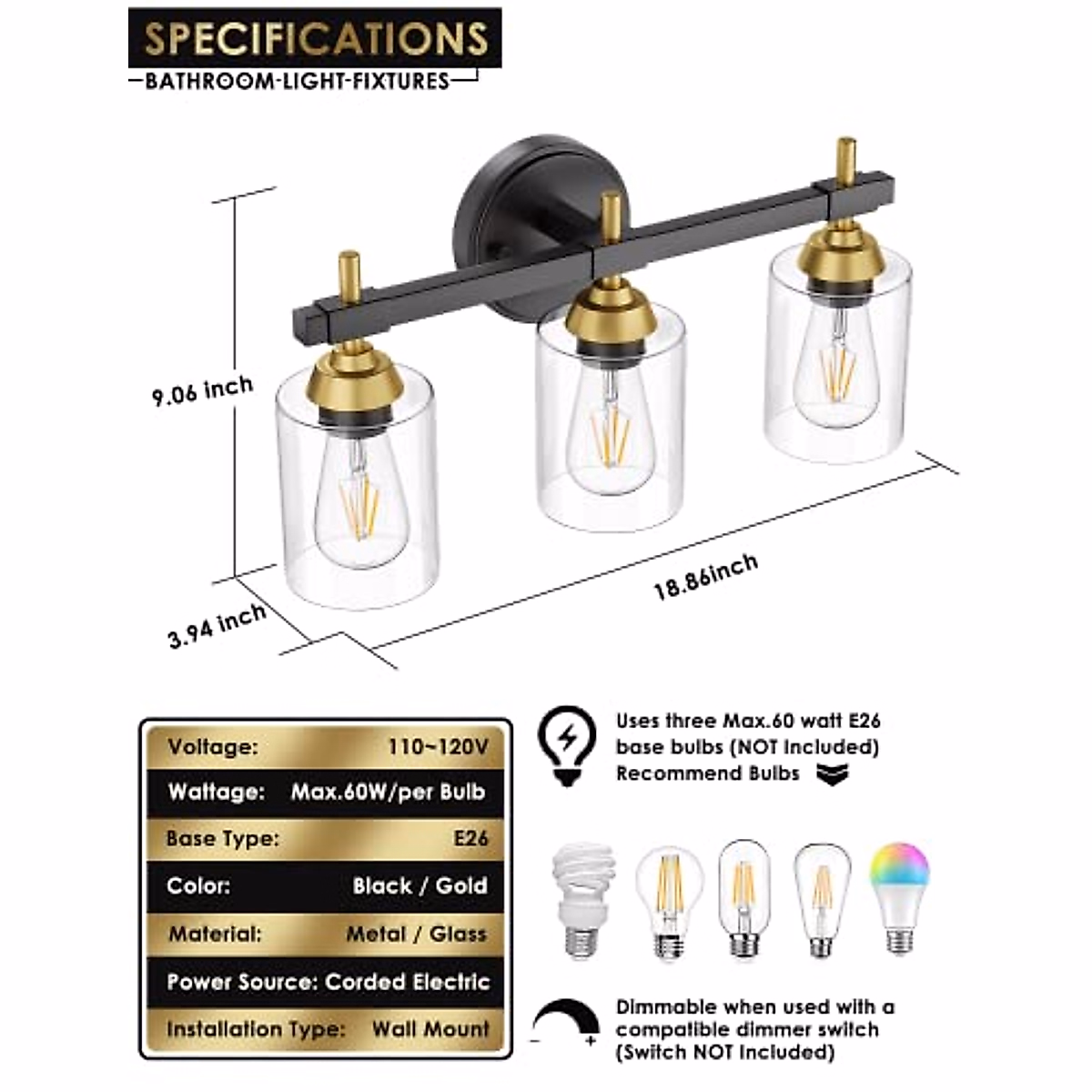 AXHODSME 3-Light Bathroom Light Fixtures, Black and Gold Bathroom Lights Over Mirror, Modern Bathroom Vanity Light with Clear Glass Shade, Wall Sconces for Bedroom Living Room, Bulbs Not Included