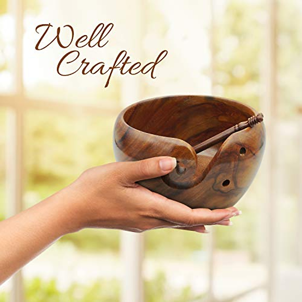 Yarn Bowls 6x3 inches for Crocheting. Wooden Yarn Bowl Holder for Knitting with Free Carry Pouch & 2 Crochet Hooks