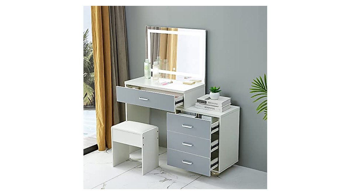 Vanity Makeup Dressing Table Stool Set, Modern Dressing Table Makeup Desk with LED Touch Light ...
