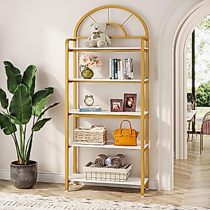 Tribesigns White and Gold Arched Bookshelf 5 Tier Bookcase, Gold Shelves for Living Room Freestanding Tall Display Shelf, Decorative Shelf for Bedroom