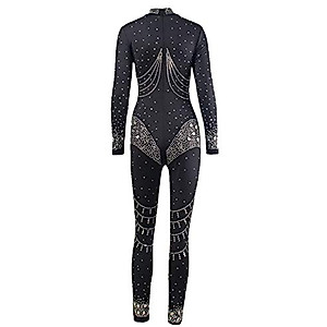 Sedrinuo Women Club Outfits Long Sleeve Bodycon Jumpsuits High Neck Sparkly Rhinestone Romper