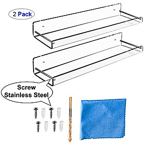 AMT 2 Pack Acrylic Floating Shelves, 15" L x 3.25" W, Clear Bathroom Wall Shelf, Bookshelves, Invisible Display for Office, Bedroom, Small Gap Allows Water to Escape, Free Screws & Drill Bit (Medium)
