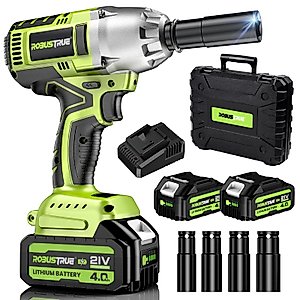 Robustrue Cordless Impact Wrench, 590Ft-lbs (800N.m) Brushless 1/2 inch Impact Wrench, 2500RPM Max Torque Impact Gun, 2x 4.0Ah Battery, Charger, 4 Sockets, Electric Impact Wrench for Car Truck RV