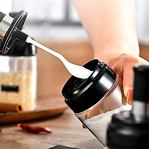 Kitchen Clear glass Spice Jars Seasonning Box Set of 4 with Spoons, Seasoning Containers Bottles with Black Cap,10oz for Home and Kitchen (4)