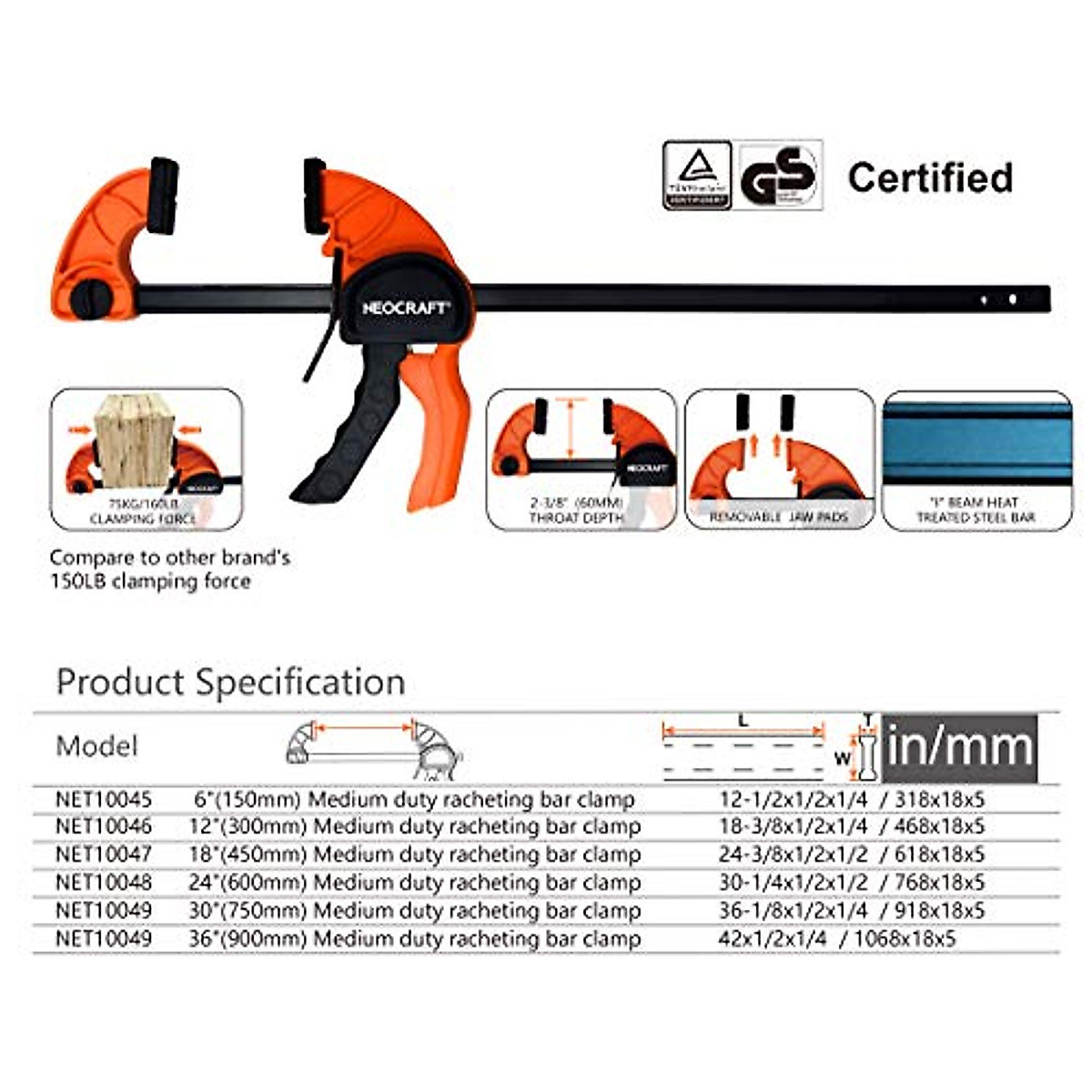 Quick Release Ratchet Bar Clamps for Woodworking (2 Pieces Set 24'') - Light Duty Adjustable One-Handed Clamp for Woodworking & Furniture Manufacturing & Assembly