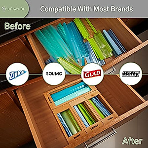 Purawood Ziplock Bag Storage Organizer - Natural Bamboo Organizer to Declutter Your Kitchen – Easy & Efficient Ziplock Bag Organizer - Plastic Bag Holder Compatible with all Brands (4-Pack)