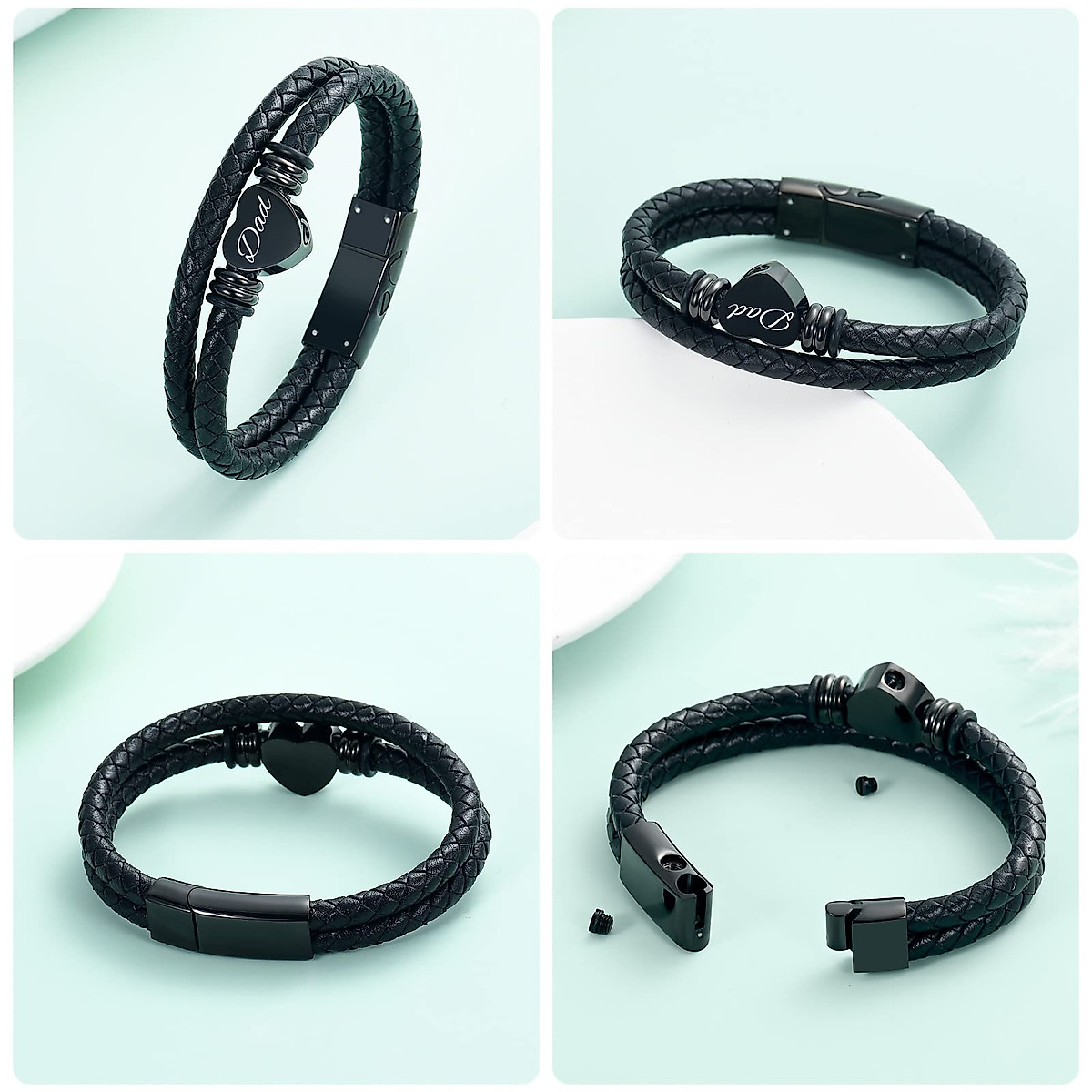 Yinplsmemory Love Heart Urn Bracelet for Ashes for Women Men Double Layer Leather Bracelet for Ashes Keepsake Urn Bangle Bracelet for Loved One