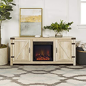 Walker Edison Georgetown Modern Farmhouse Double Barn Door Fireplace TV Stand for TVs up to 65 Inches, 58 Inch, White Oak