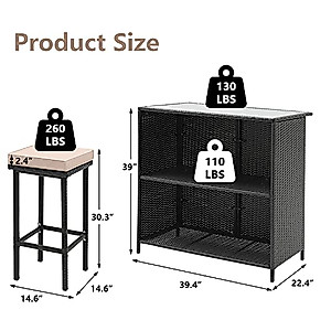 SoarFlash 3-Piece Outdoor Wicker Bar Set, Patio Rattan Bar Height Table Set with Stools, Cushion, Bistro Set for Poolside, Garden and Backyard, Beige