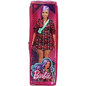 Barbie Fashionistas Doll #157, Curvy with Lavender Hair Wearing Red Plaid Dress, White Cowboy Boots & Teal Cross-Body Cactus Bag, Toy for Kids 3 to 8 Years Old