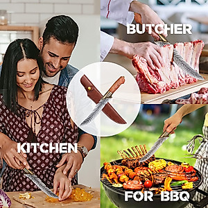 PURPLEBIRD Feather Boning Butcher Knife with Leather Sheath Hand Forged Japanese Viking Knife Outdoor Knife Carbon Steel Meat Cutting Cleaver for Camping, BBQ, Collection
