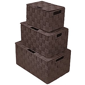 Sorbus Set of 3 Storage Baskets for Organizing with Lid, Mesh Hand-Woven Basket, Linen Closet Organizers and Storage, Organizer Storage Baskets for Shelves, Variety Pack Organizers and Storage