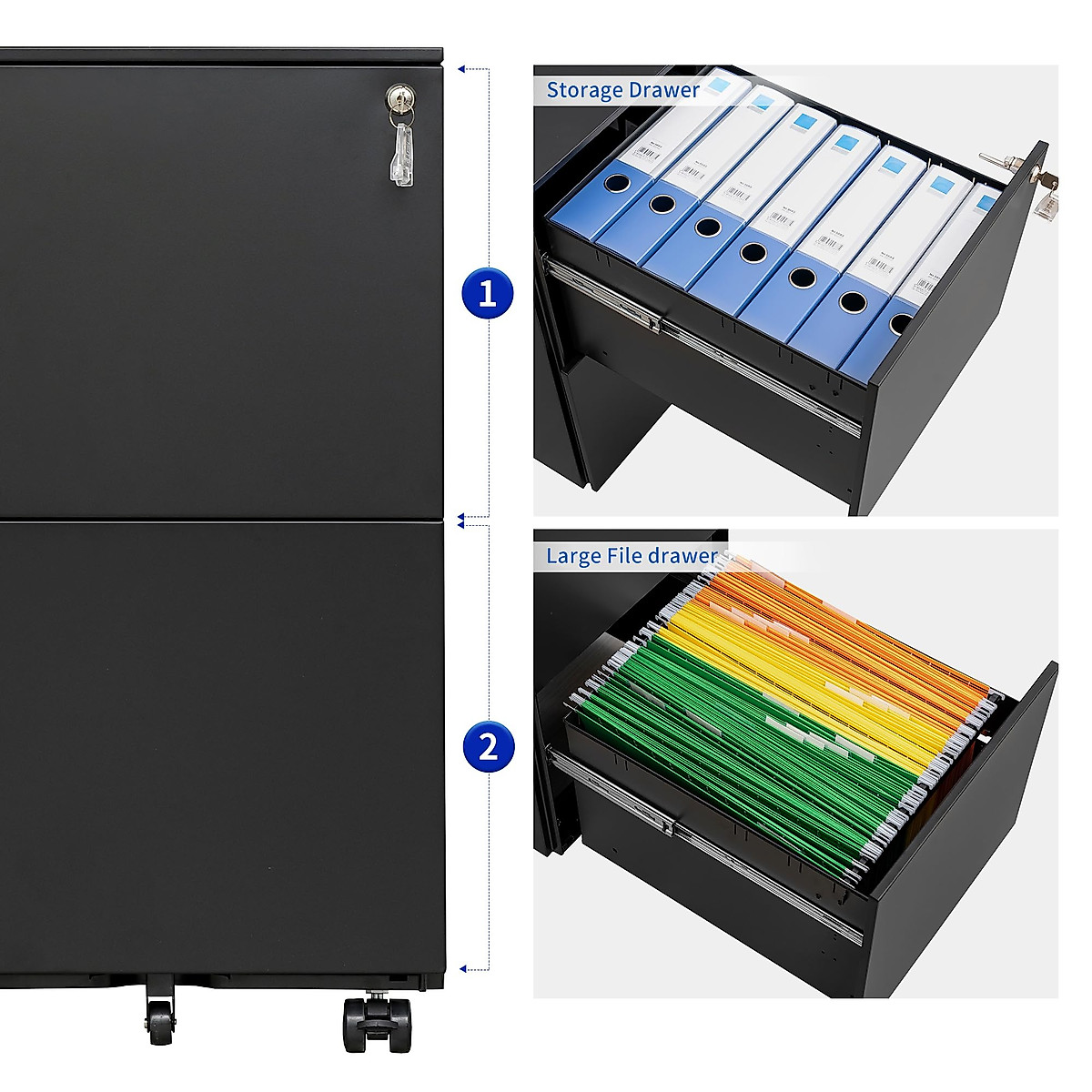 LVSTEEL Modern Black Rolling File Cabinet, Fully Assembled, 27.2"H x 15.3"W x 17.72"D, 2 Drawers, Lockable, Wheeled, Rust Resistant, Home Office