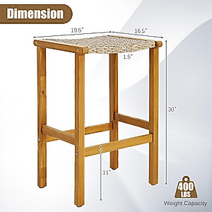 COSTWAY Outdoor Bar Stools Set of 2, 30-inch Height Backless Bar Chairs with Acacia Wood Frame, PE Wicker Saddle Seat, Footrest, Patio 2-Pack Bar High Stools for Garden Porch Poolside Backyard