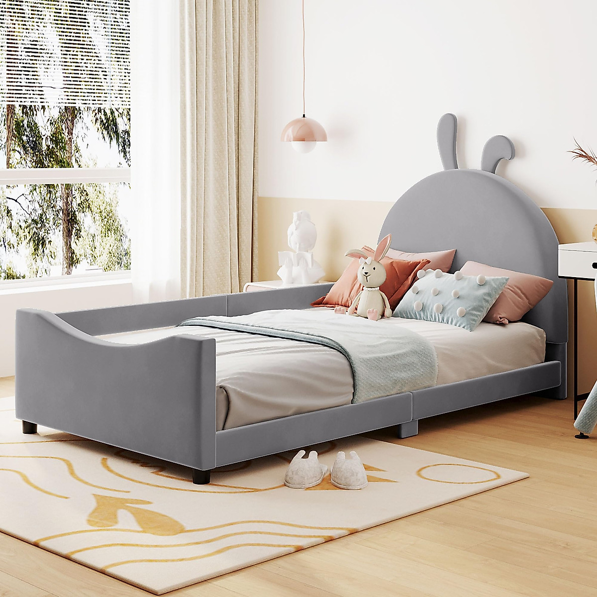 FANYHOME Twin Size Upholstered Daybed with Rabbit Ear Shaped Headboard, Modern Low Profile Bed with Sturdy Wooden Slats Support, Wooden Daybed Frame for Kids Boys Girls, No Box Spring Needed,Gray
