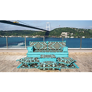 Turquoise Arabic Living Room, Moroccan Home Decor, Floor Cushion, Arabic Floor Couch, Turkish Floor Sofa, Ethnic Sofa, Arabic Sofa Seating (Sofa Full Set)