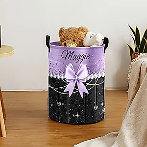 Glitter Print Purple Black Bow Personalized Foldable Freestanding Laundry Basket Clothes Hamper with Handle, Custom Collapsible Storage Bin for Toys Bathroom Laundry