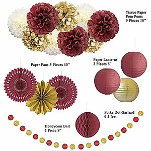 ANSOMO Burgundy and Gold Party Decorations Maroon Wine Dark Red Paper Fans Lanterns Tissue Pom Poms Wall Hanging Decor Supplies Bridal Baby Shower Birthday Wedding Graduation