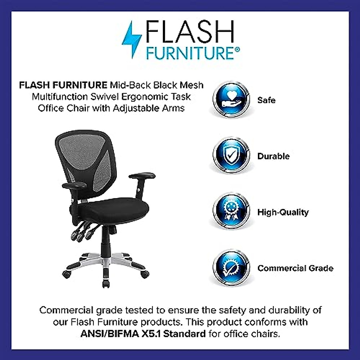 Flash Furniture Sam Mid-Back Black Mesh Multifunction Swivel Ergonomic Task Office Chair with Adjustable Arms