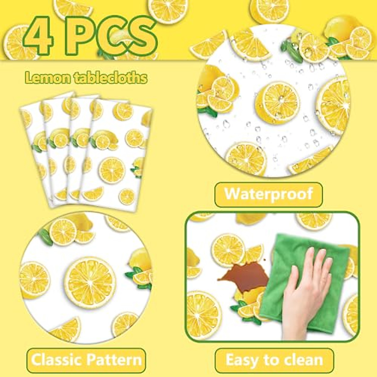 PTECDROTS 4Pcs Lemon Party Tablecloths, Yellow Tablecloth Plastic, Rectangular Lemonade Stand Supplies for Kids Birthday Baby Shower Summer Fruit Lemon Party Decorations, 86 x 51 Inch