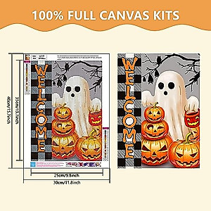 SENQAO Halloween Diamond Painting Kits for Adults, Ghost Full Round Drill Gem Art Kits, DIY 5D Diamond Painting Pumpkin Halloween Diamond Art Kits Picture for Home Wall Decor 30x40cm