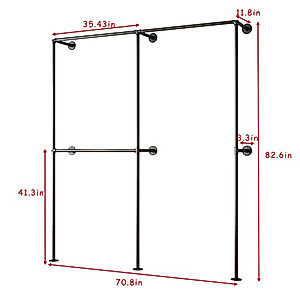 DR.IRON Industrial Pipe Clothing Racks with Double Bar, Industrial Black Clothes Racks Wall Mounted, Heavy Duty Closet Rods for Hanging Clothes Organizer Storage