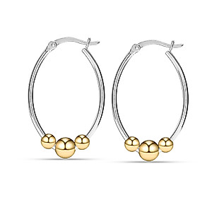 LeCalla 925 Sterling Silver Hoop Earrings Lightweight Oval 14K Gold-Plated Two-Tone Earring Hoops Jewelry Bead Ball Hoops Earring for Women