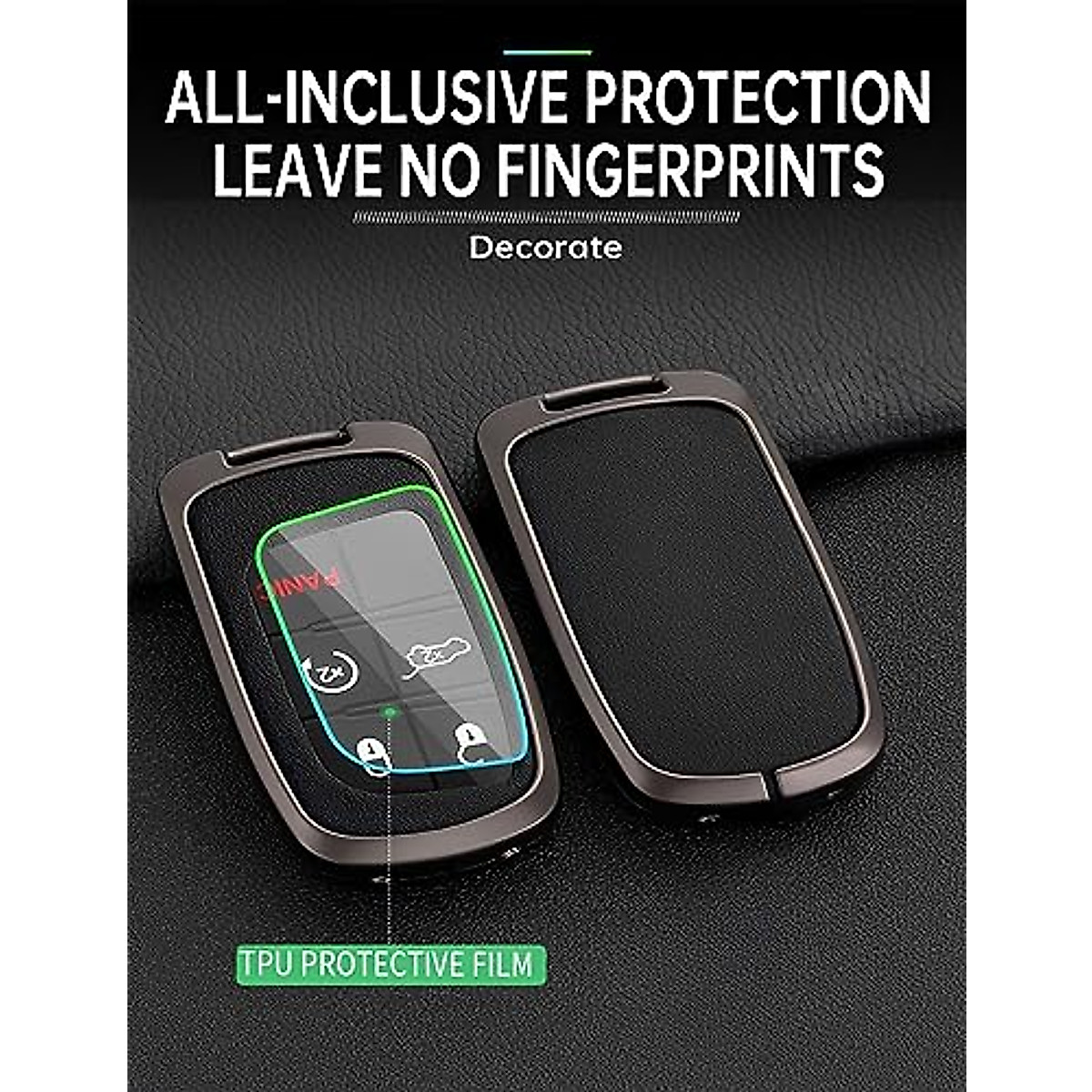 for Dodge Jeep Key Fob Cover Case Metal Shell Car Smart Keys Protect Keychain Compatible Grand Challenger Cherokee Chrysler (P-JEEAqh-Black)