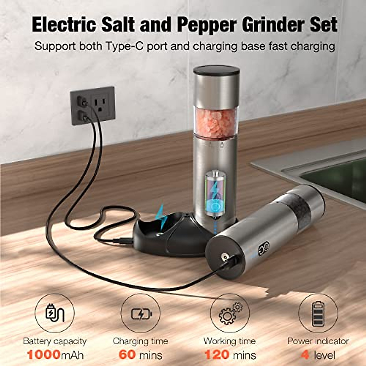 Gravity Electric Salt and Pepper Grinder Set, Automatic Upgraded Pepper and Salt Mill with Charging Base, Adjustable Coarseness and LED Light, One Hand Operation (Silver)