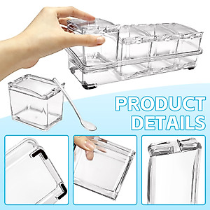 Faxco 4-Cell Clear Seasoning Rack Spice Box, Storage Container Condiment Jars Acrylic Seasoning Box with Cover and Spoon (Enhanced Version Clear)