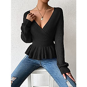 SweatyRocks Women's Deep V Neck Rib Knit Wrap Top Long Sleeve Ruffle Hem Peplum Sweater Black M