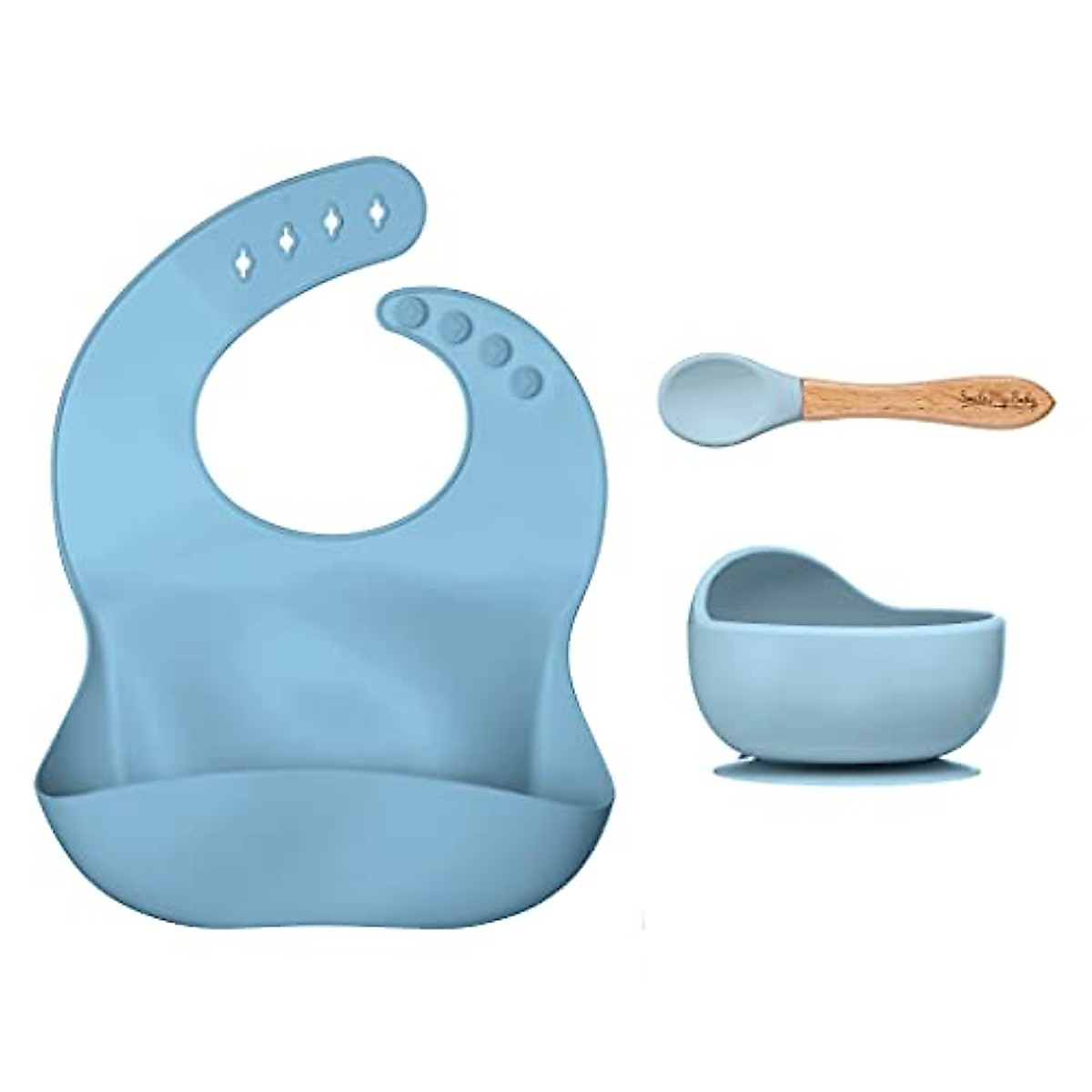 Baby Feeding Set Silicone Bib Wooden Spoon & Suction Bowl Newborn & Toddler No Mess Self Feeding Easy Clean Utensils Washable Safe Girls/Boys Shower & Baby Registry by Smile My Baby… (Dusty Blue)