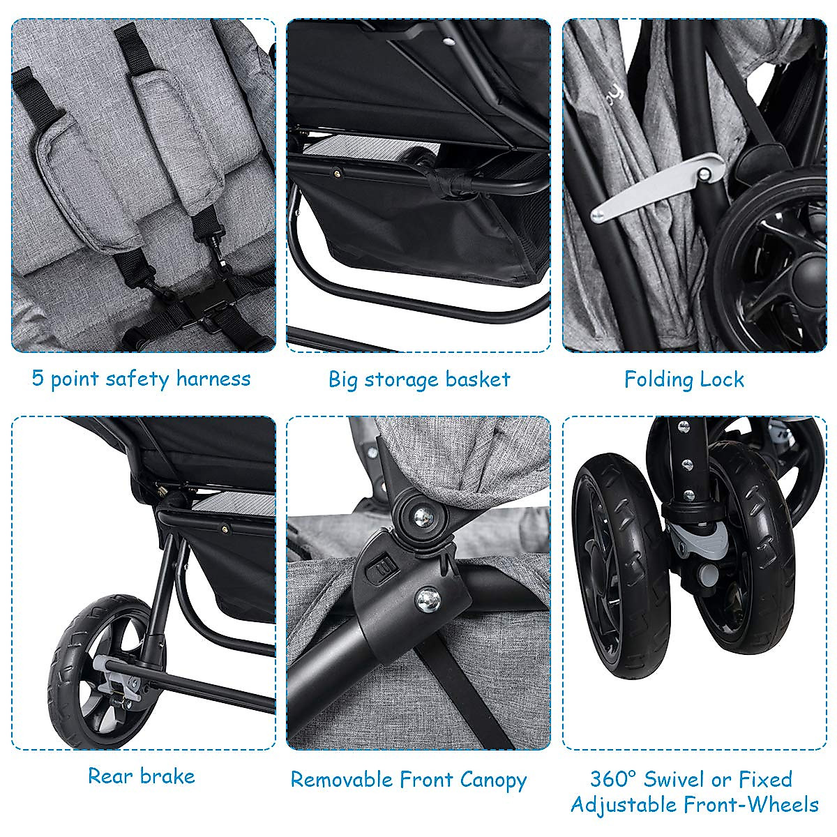 BABY JOY Double Stroller, Foldable Lightweight Twin Stroller with Tandem Seating, Adjustable Backrest/Canopy/Footrest, 5-Point Harness, Storage Basket, Double Stroller Newborn and Toddler (Gray)