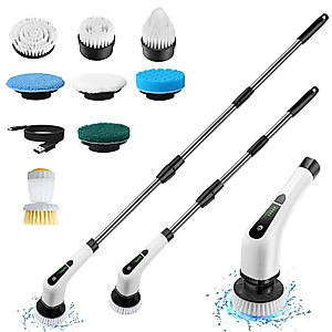 Electric Spin Scrubber, Cordless Bath Tub Power Scrubber with Long Handle & 7 Replaceable Heads, Detachable as Short Handle, Shower Cleaning Brush Household Tools for Bathroom & Tile Floor(White)